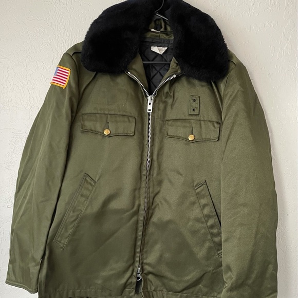Jackets & Coats | Vintage Army Green Jacket Black Fur Collar Vintage ...